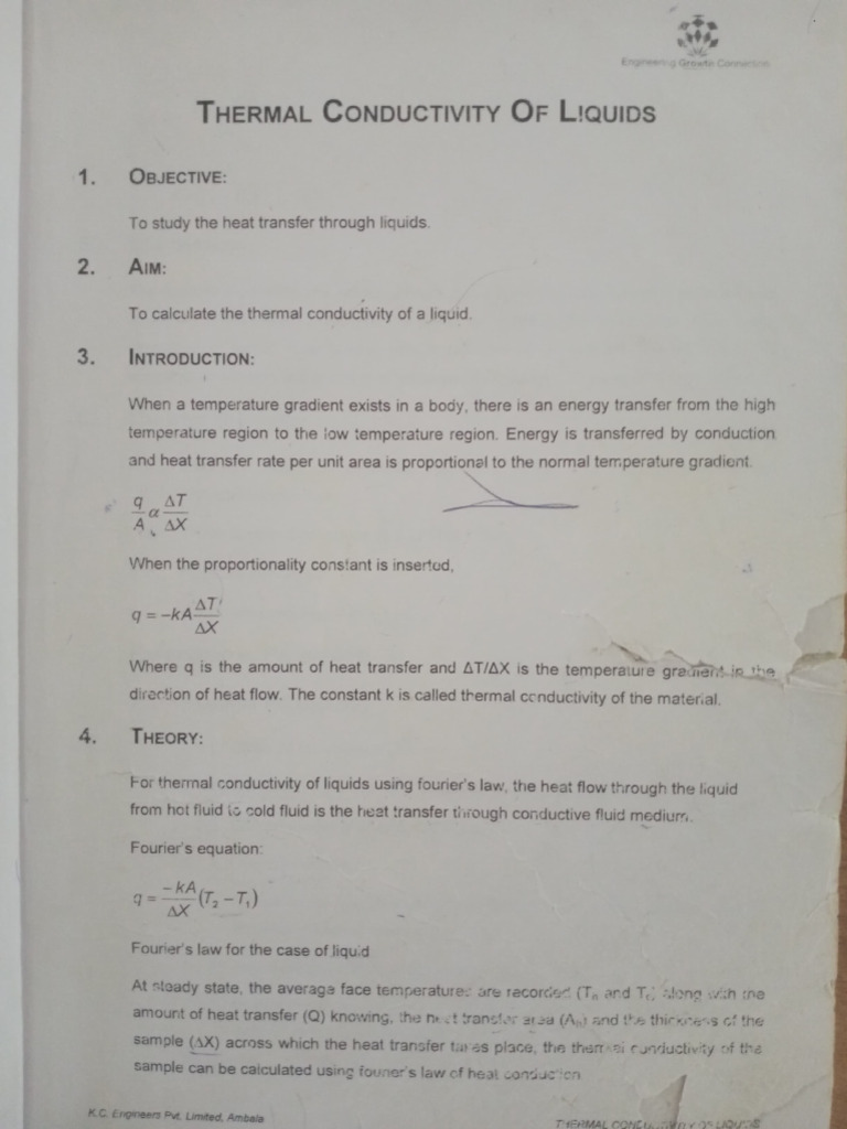 Thermal Conductivity of Liquids HT Lab | PDF | Heat | Thermal Conduction