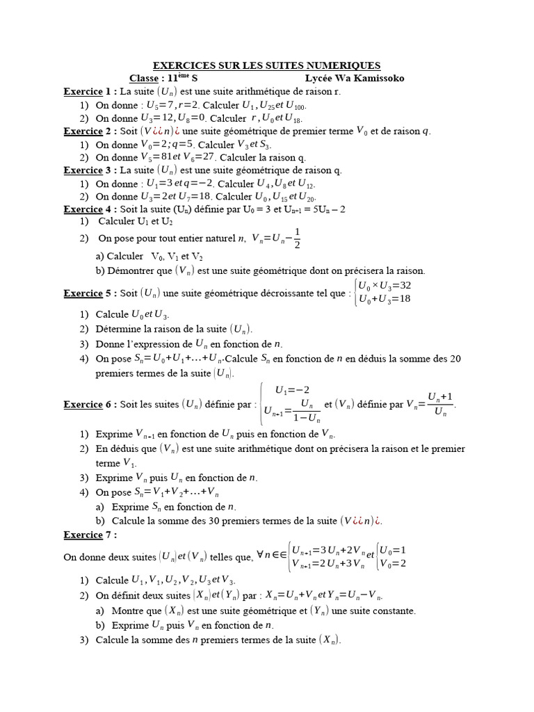 Exercices de Suites Numériques en Mathématiques | PDF | Mathématiques ...