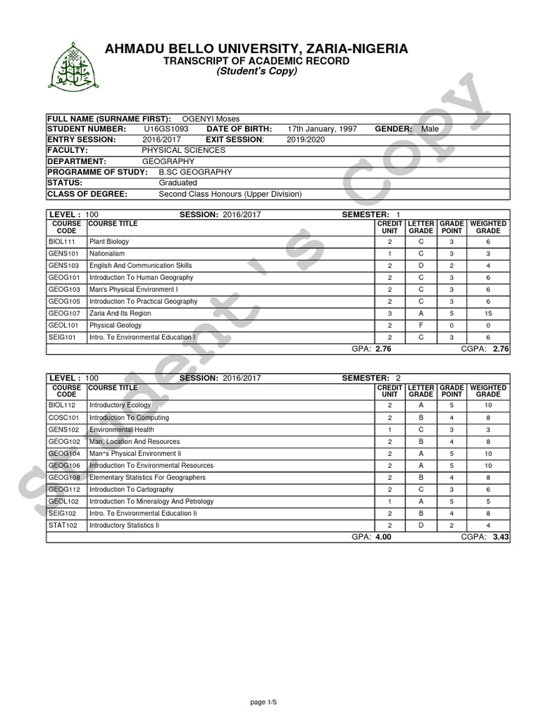 Academic Transcript: Ogenyi Moses | PDF | Geography | Natural Environment