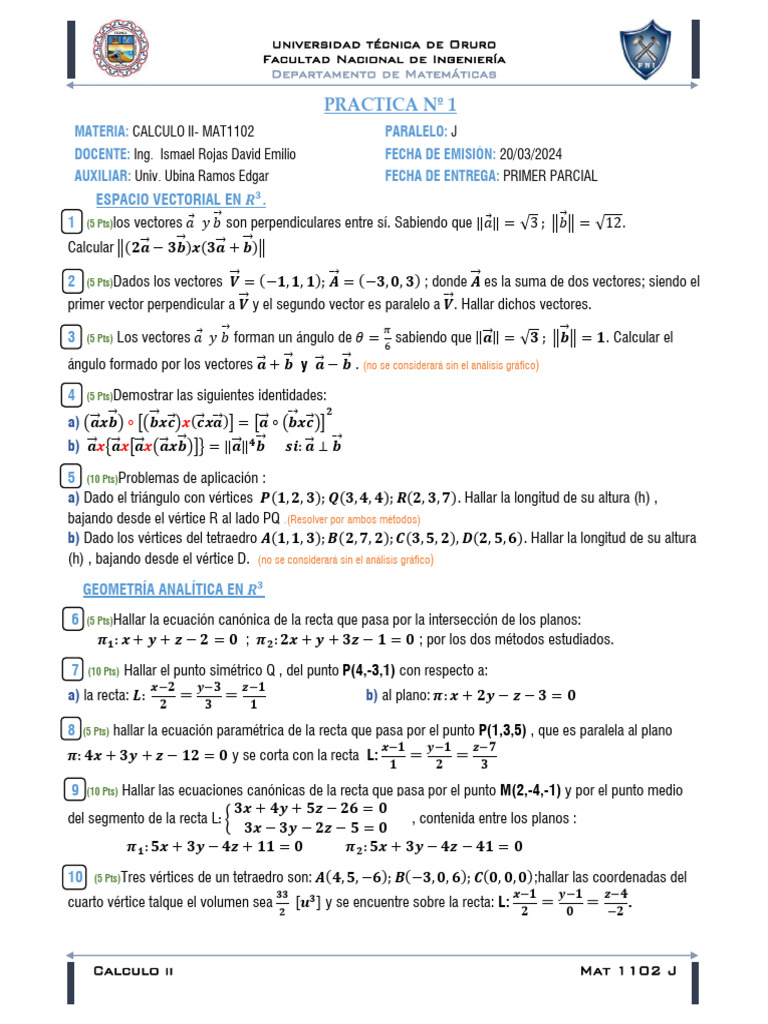 Practica 1 Mat1102jj Sem1-2024 | PDF | Vector Euclidiano | Línea (geometría)