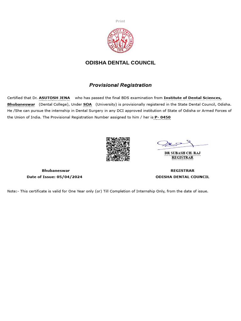 Odisha Dental Council: Provisional Registration | PDF