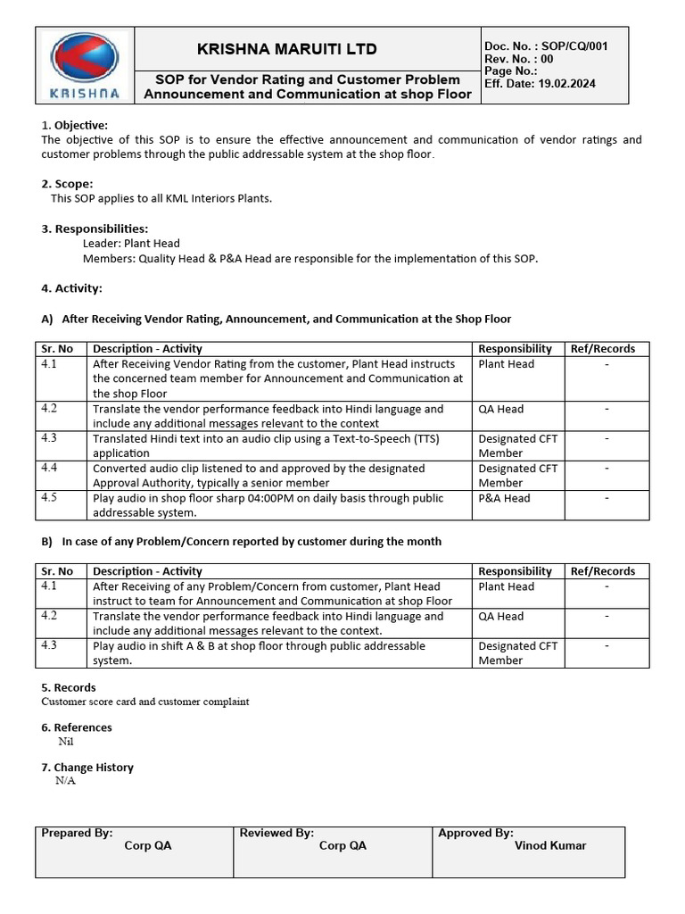 SOP For Communication and Announcement at Shop Floor | PDF ...