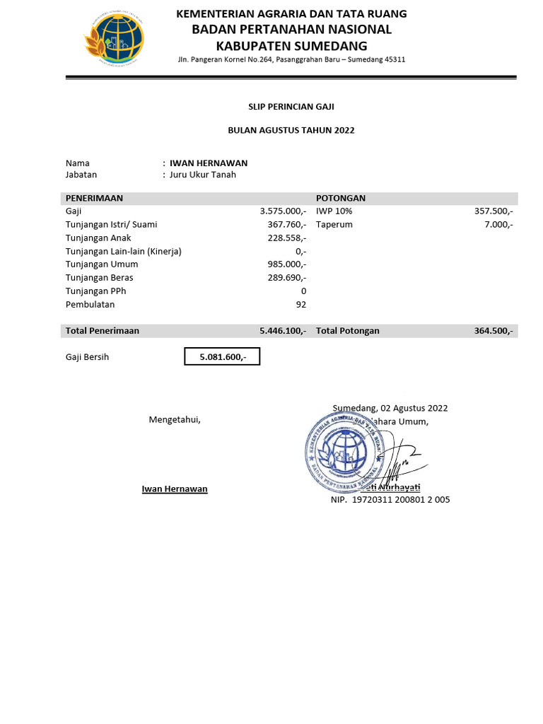 Slip Gaji Atr BPN | PDF