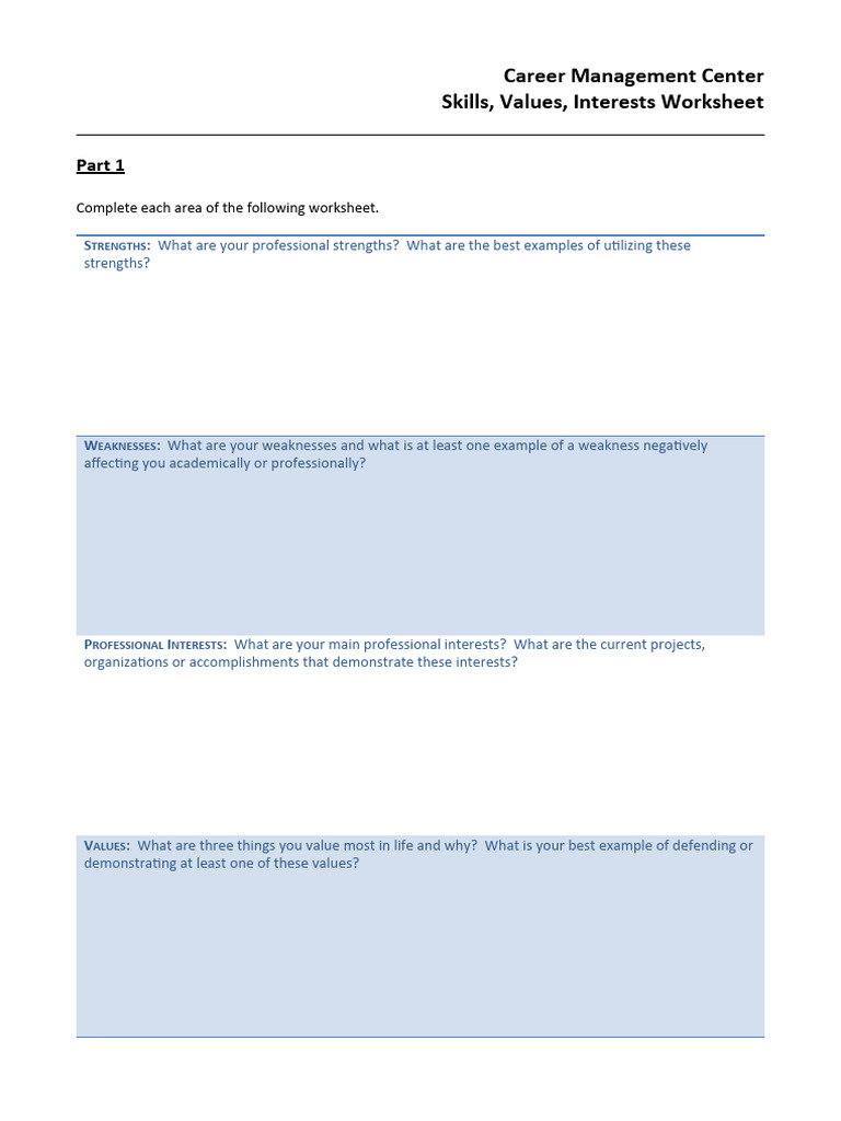 Career Skills & Values Worksheet | PDF | Goal | Information