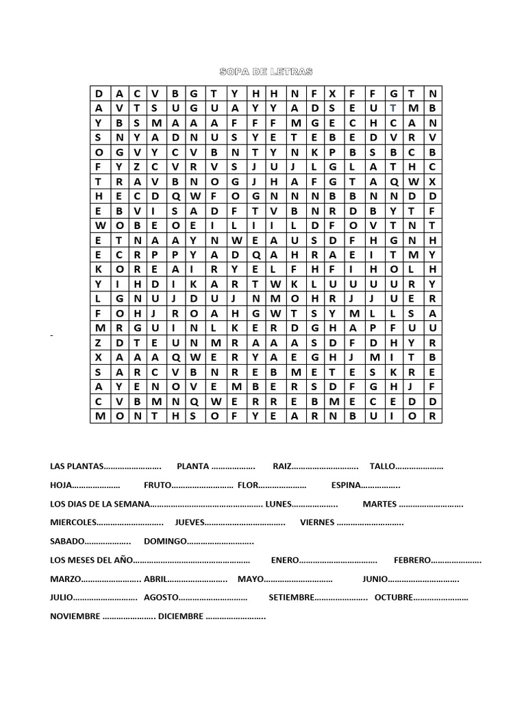 Sopa de Letras Las Semanas | PDF | Plantas | Botánica