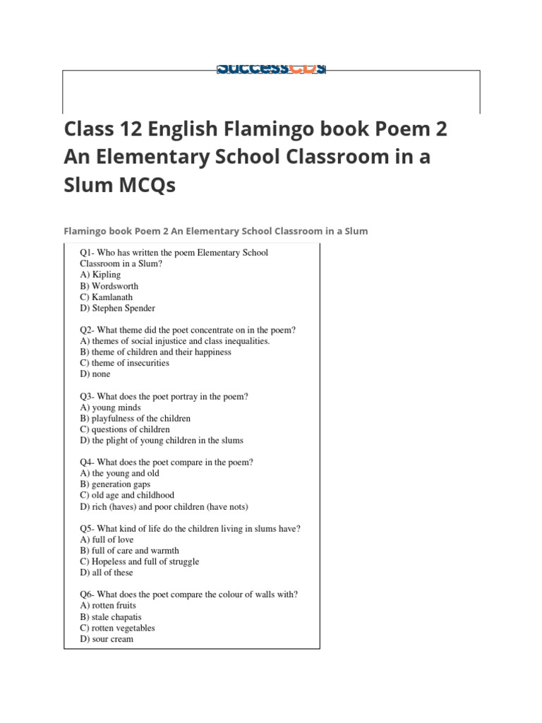 Class 12 English Flamingo Book Poem 2 An Elementary School Classroom in ...