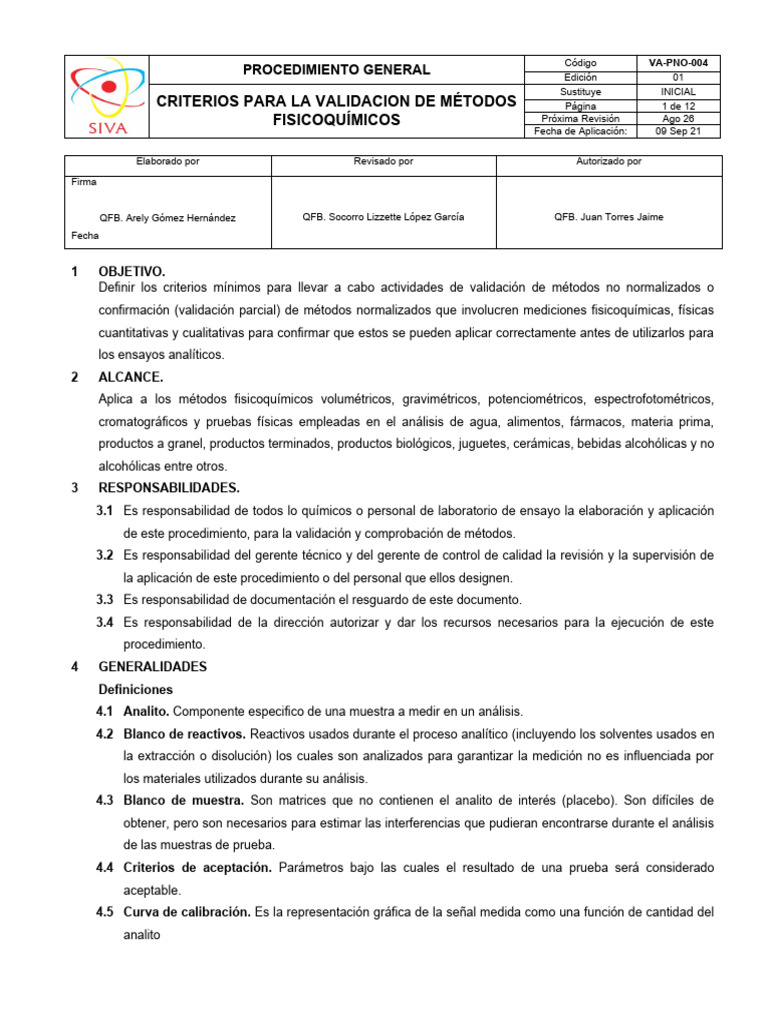 VA-PNO-004 Criterios de Validación de Métodos Fisicoquimicos Ccayac-P-058 | PDF | Incertidumbre ...