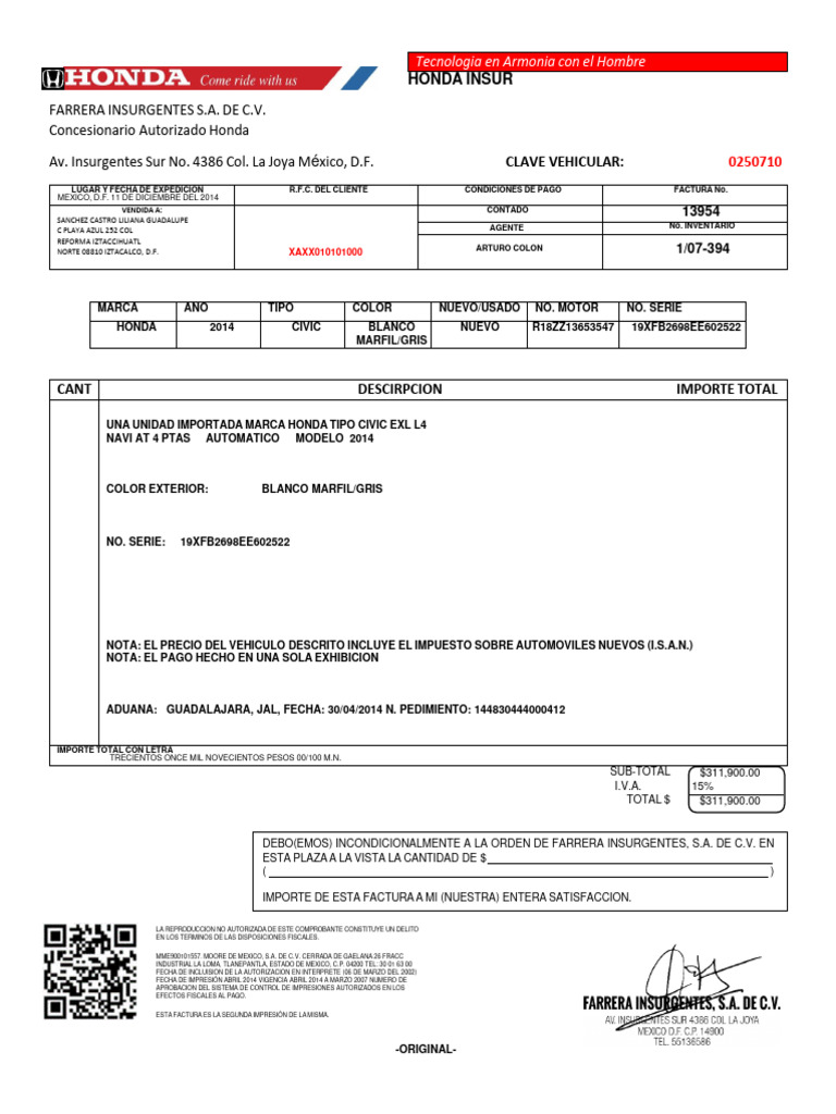 Factura Honda Cris | PDF | Honda | Vehículos terrestres