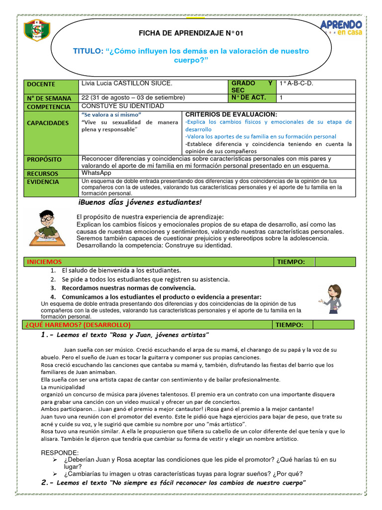 1° DPCC FICHA de Actividad Semana 22 | PDF | Relaciones personales, crianza y desarrollo ...