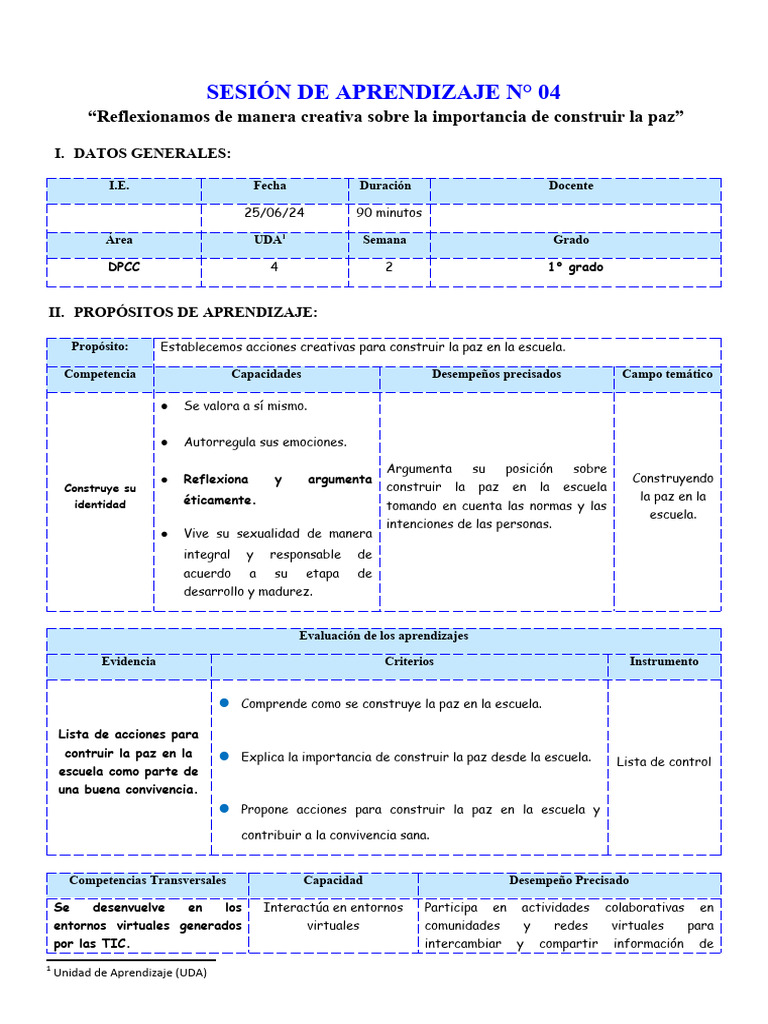 SESIÓN 4 - REFLEXIONAMOS DE MANERA CREATIVA SOBRE LA IMPORTANCIA DE CONSTRUIR LA PAZ - DPCC 1RO ...