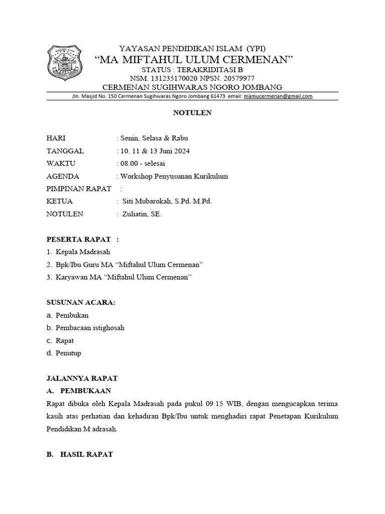 Notulen Workshop Penyusunan Kurikulum | PDF