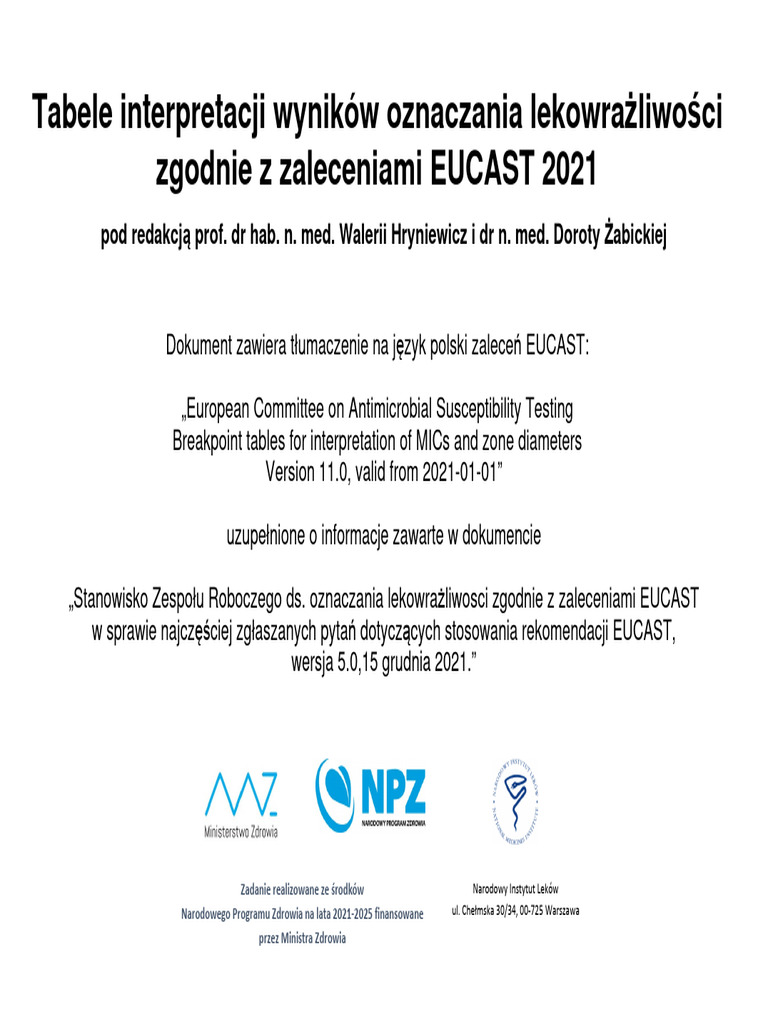 Tabele Wartosci Granicznych EUCAST Wersja 11 - 02021 | PDF