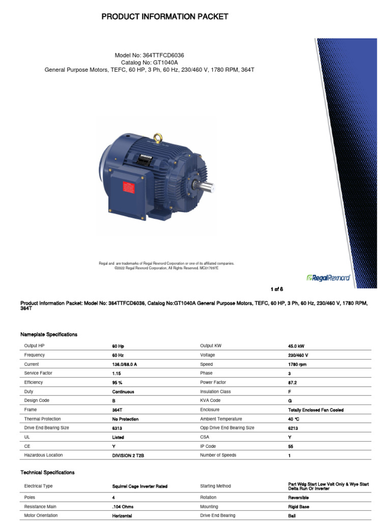 Ficha Tecnica Motor 60 HP 1800 Nema | PDF | Electric Motor ...
