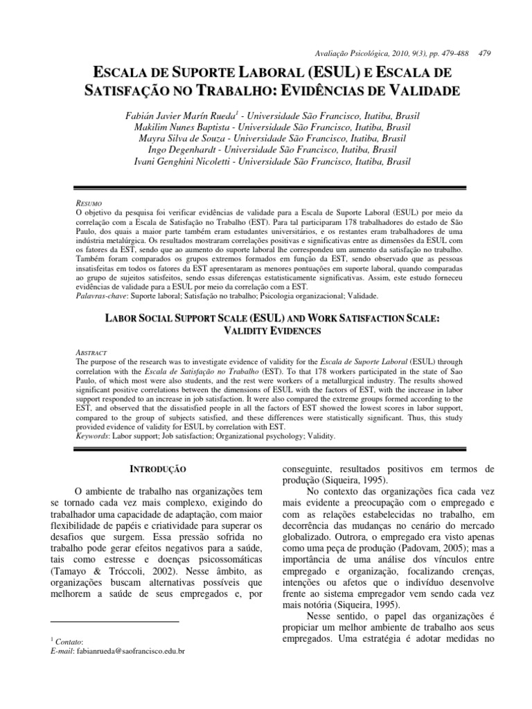 ESCALA DE SUPORTE LABORAL ESUL | Download grátis PDF | Satisfação no ...