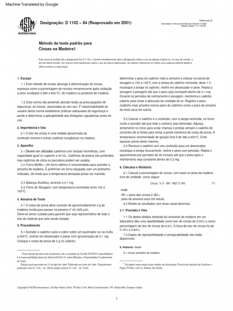 D 1102 - 84 (Portugues) Cinzas Na Madeira1 | PDF | Madeira | Temperatura