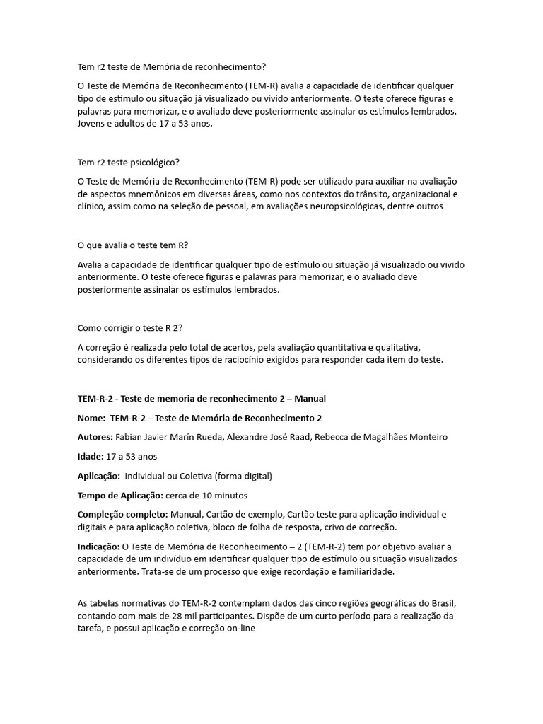 Tem r2 Teste Psicológico | PDF | Neuropsicologia | Psicologia