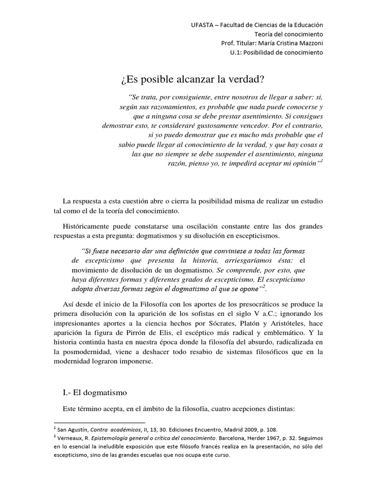 U1 - Posibilidad Del Conocimiento - Apunte de Apoyo - MCMazzoni | PDF | Verdad | Escepticismo