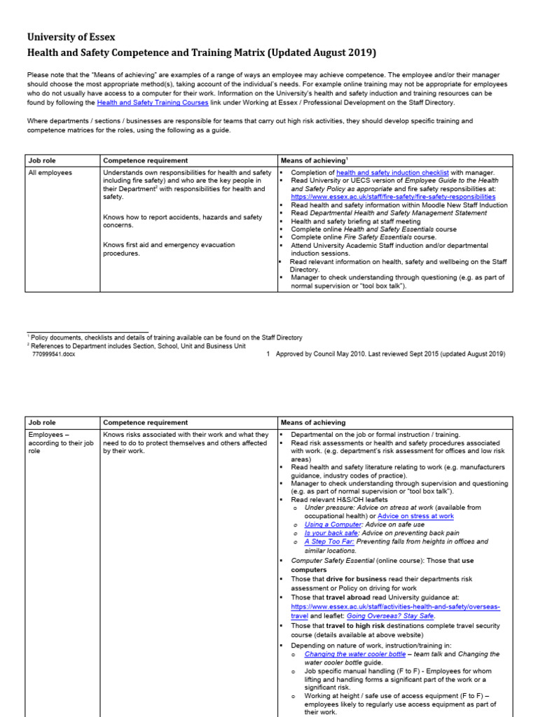 Hs Competence and Training Matrix | PDF | Occupational Safety And ...