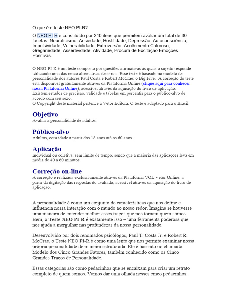 O Que É o Teste NEO PIr | PDF | Psicologia | Avaliação psicológica