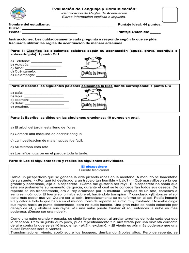 Evaluación de Lenguaje y Comunicación - Reglas de Acentuación 6A y 6B | PDF