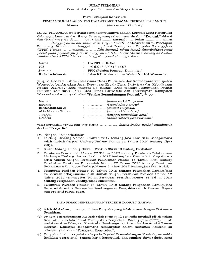 Bentuk SURAT PERJANJIAN Kalianget 2023 | PDF | Sains & Matematika