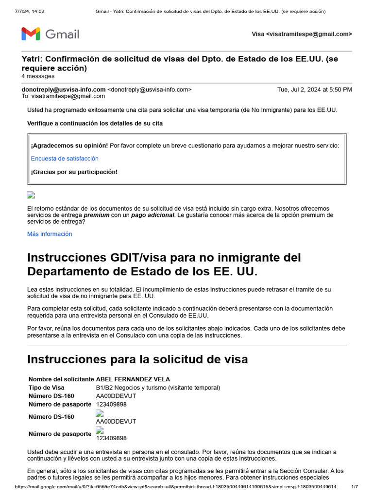 Gmail - Yatri - Confirmación de Solicitud de Visas Del Dpto. de Estado de Los EE - UU. (Se ...