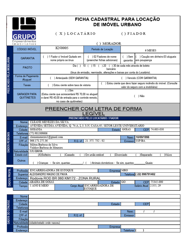 Ficha de cadastro em PDF | PDF