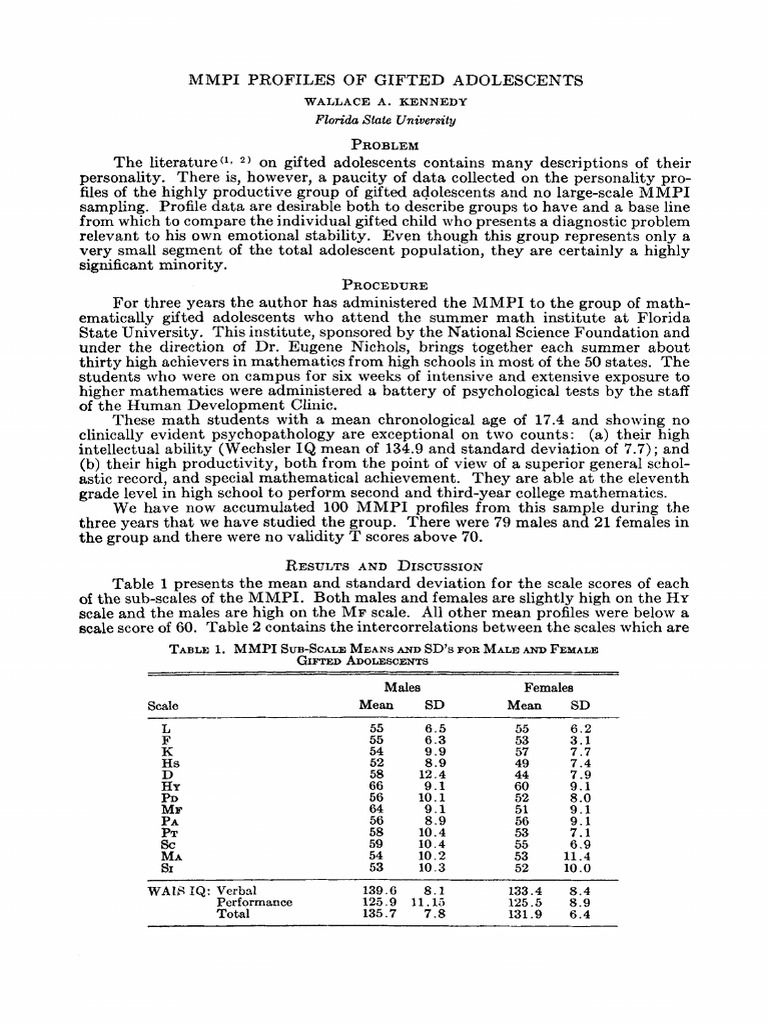 Kennedy1962-MMPI Profiles of Gifted Adolescents | PDF | Epilepsy | Psychology