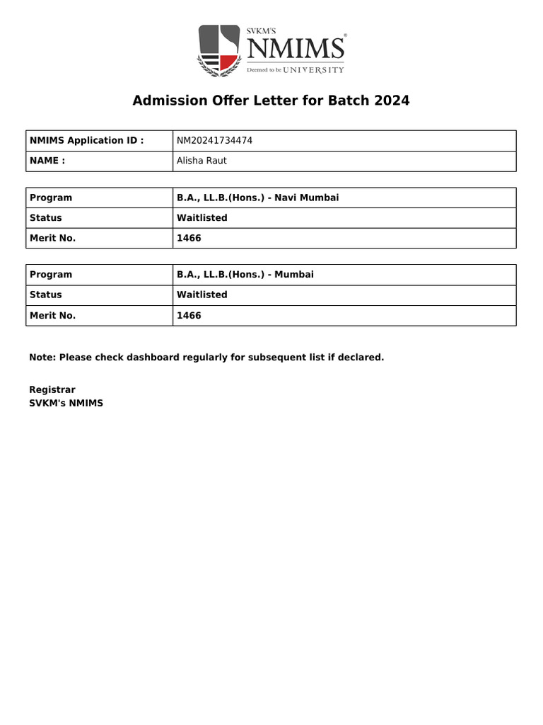 Waitlist Letter NM20241734474 | PDF