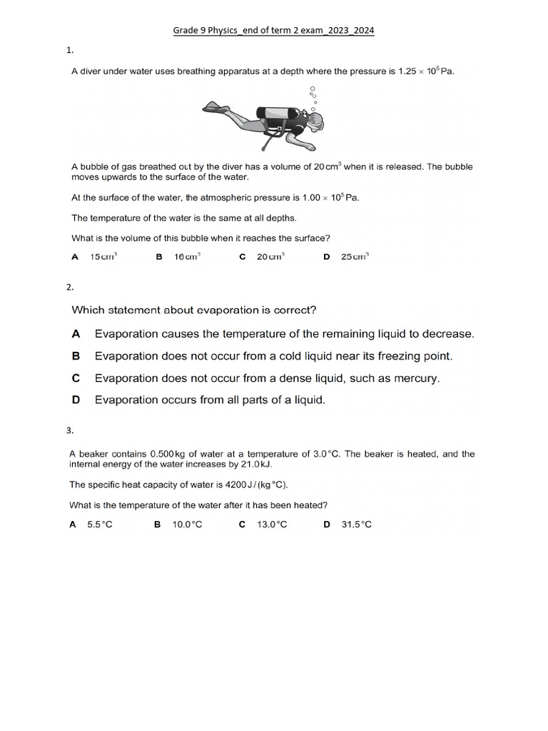 Grade 9 Physics Exam Term 2 2023-2024 | PDF