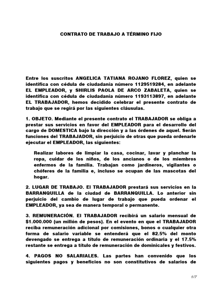 Contrato de Trabajo A Termino Fijo | PDF | Salario | Tiempo de trabajo