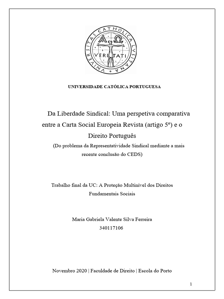 Artigo 5.o Liberdade Sindical Maria Gabriela Valente Silva Ferreira ...