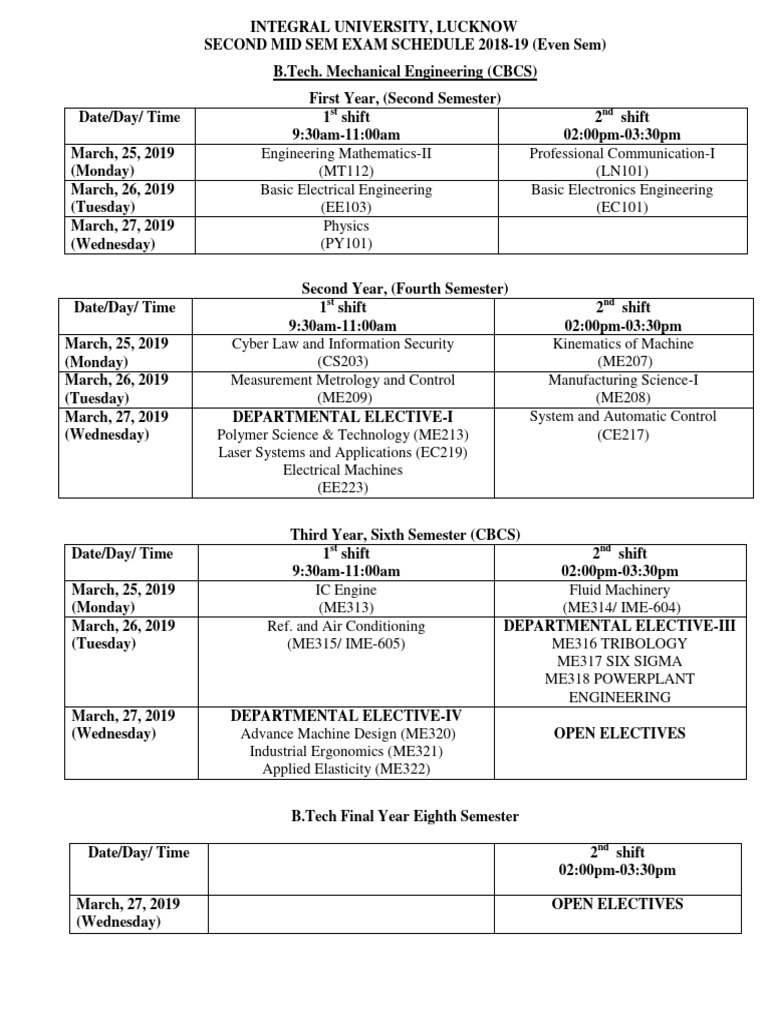 Mechanical Engineering-Schedule Mid-2-25-3-19 | PDF | Engineering ...