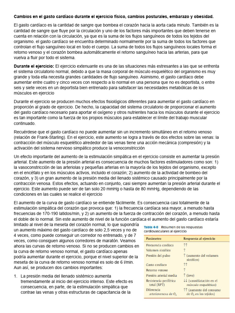 Cambios del Gasto Cardíaco en Ejercicio | PDF | Corazón | Riñón