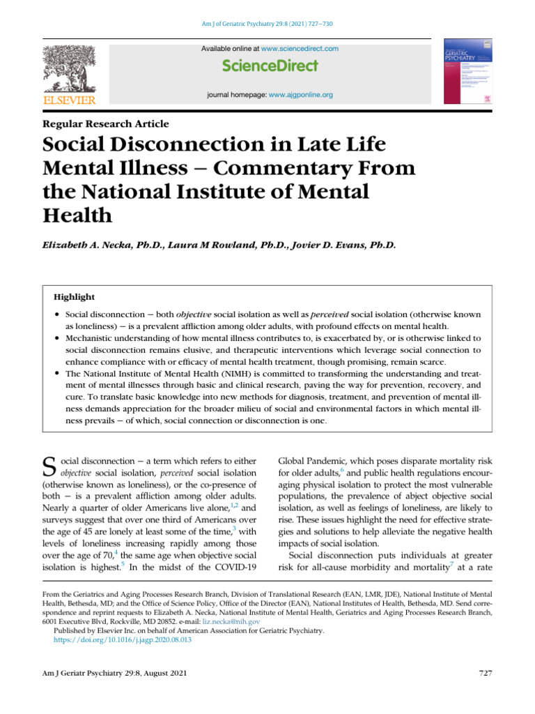 Social Disconnection in Late Life Mental Illness & | PDF | Mental ...
