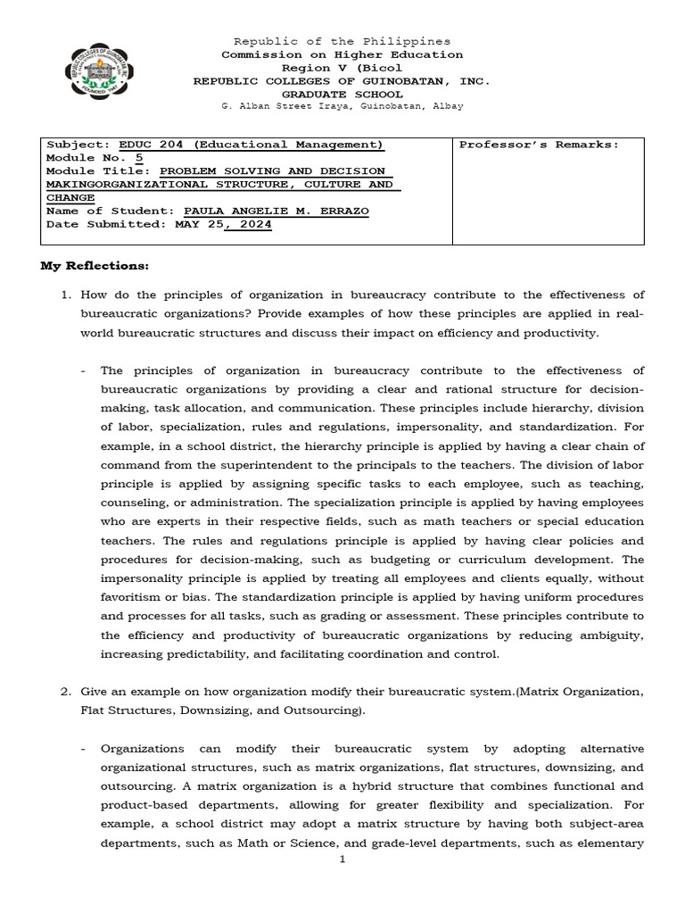 Educational Management Module 5 Output | PDF | Organizational Culture | Leadership