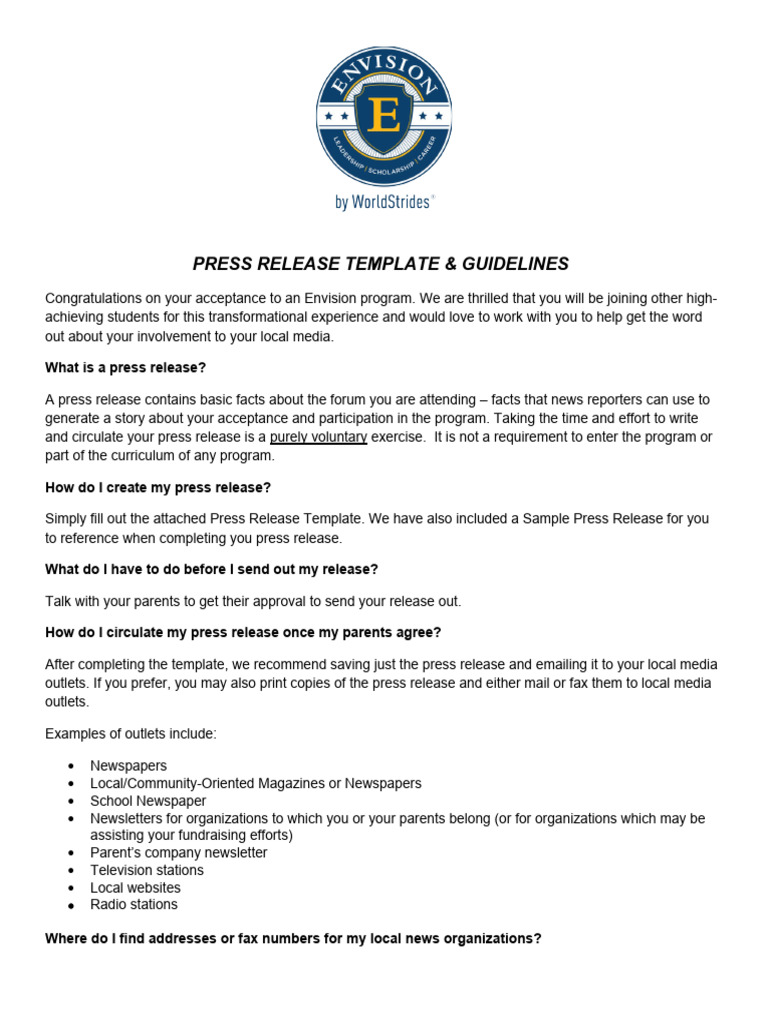 Envision 2022 Press Release Guidelines and Information | PDF | Press ...