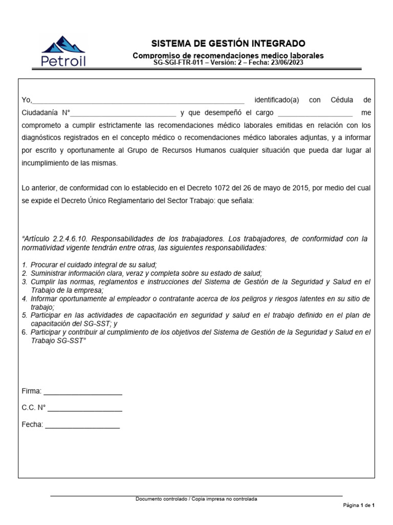 SG-SGI-FTR-011 compromiso de recomendaciones medico laborales | PDF SG-SGI-FTR-011 compromiso de recomendaciones medico laborales | PDF