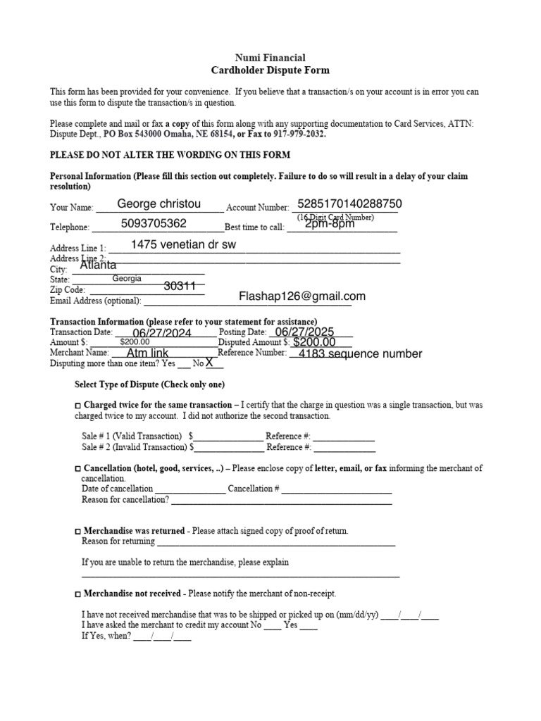 Numi Financial Dispute Form | PDF | Credit Card | Payments