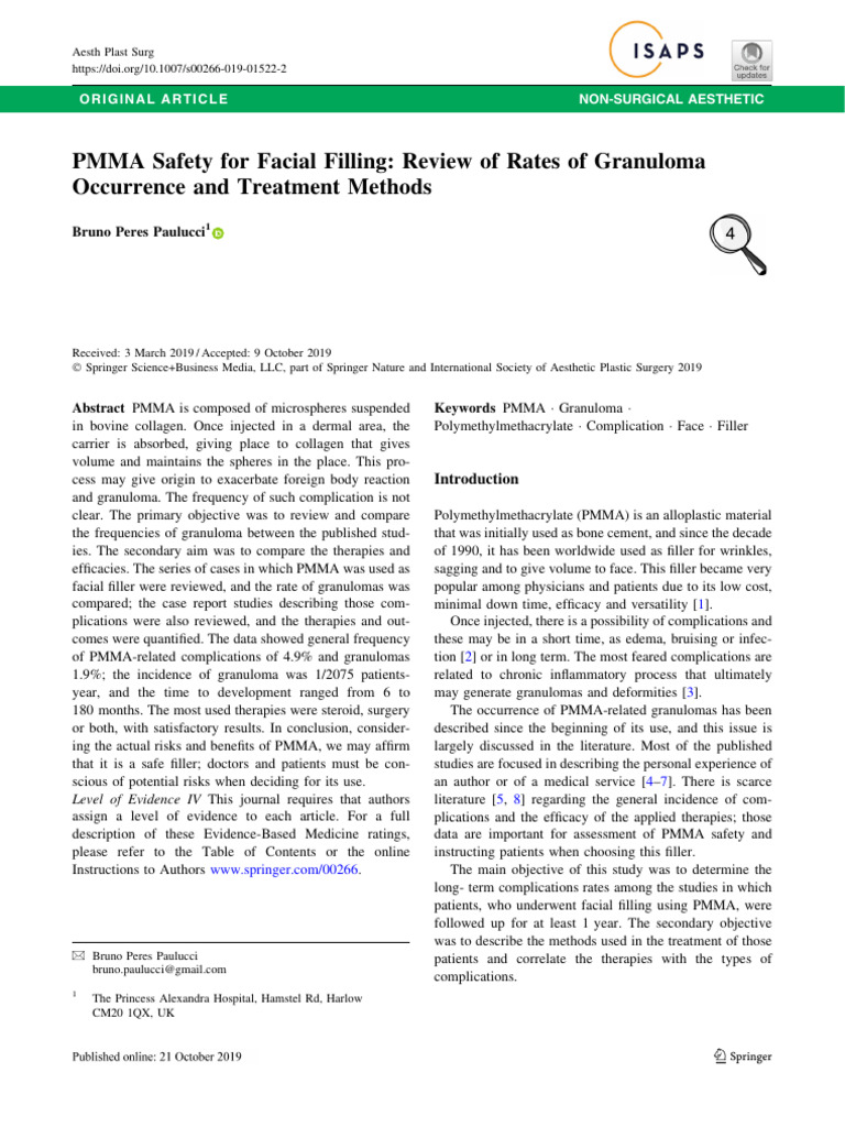 PMMA Safety For Facial Filling - Review of Rates of Granuloma ...