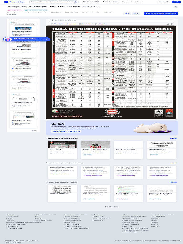 Catálogo Torques Diesel.pdf - Tabla de Torques Libra _ Pie Motores Diesel Culata Bancada Biela ...
