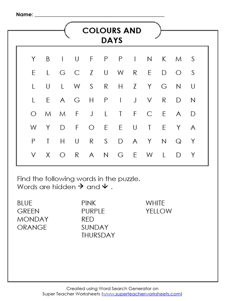Word Search: Colors and Days Puzzle | PDF | Word Search | Color