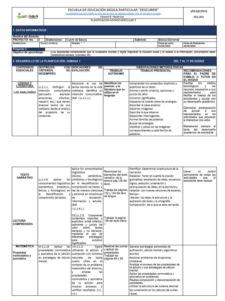 Ejemplo Planificacion Microcurricular 5 Pdf Palabra Adjetivo