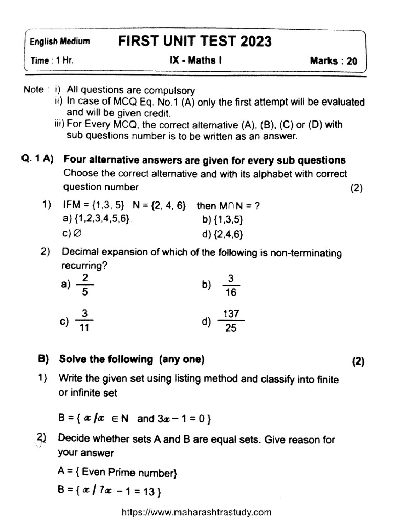 MH Board Class 9 Ut1 Mathematics 1 030224 2023 | PDF