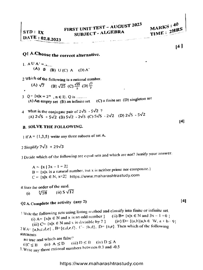MH Board Class 9 Ut1 Algebra 181123 Aug 2023 | PDF