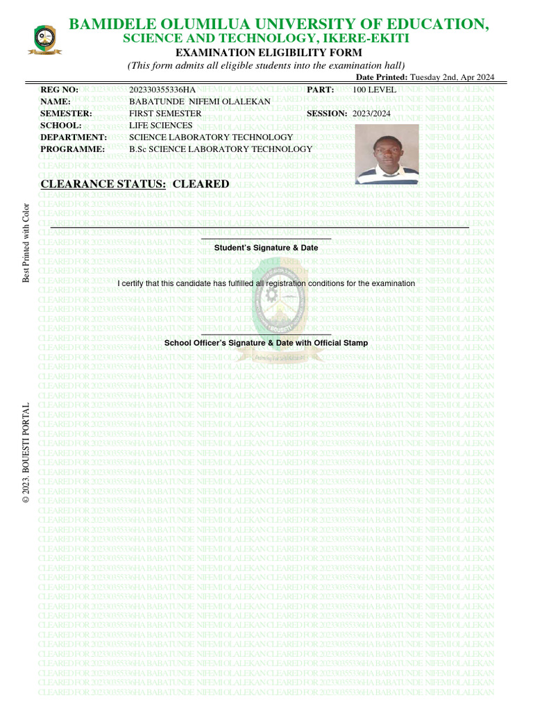 BOUESTI Examination Eligibility Form | PDF