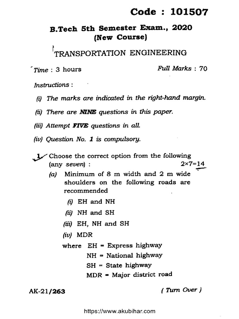 Btech Ce 5 Sem Transportation Engineering 101507 2020 | PDF