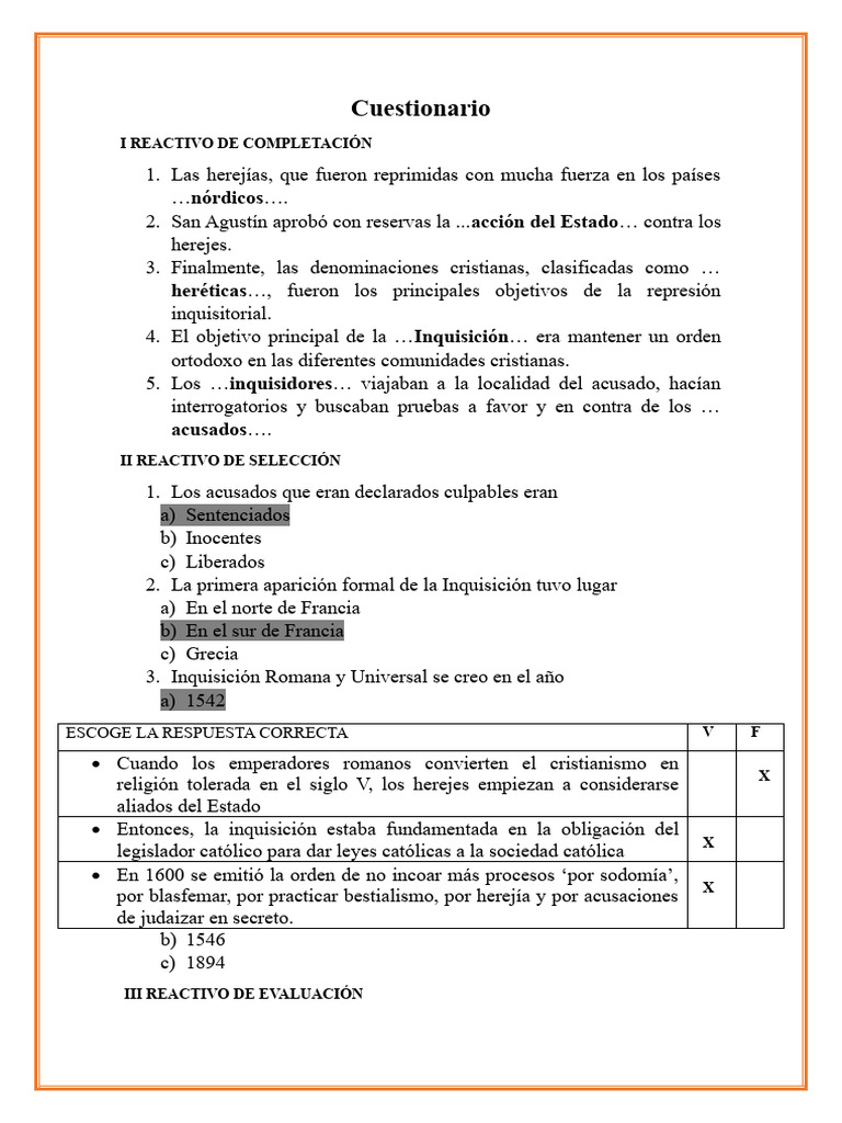 Cuestionario de Historia | PDF | Inquisición | Inquisición española