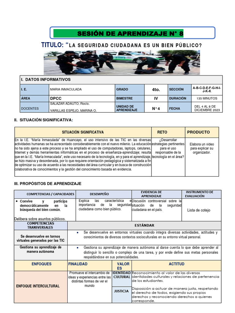 SESIÓN 8 DPCC - 4TO IV Bim 3 de Diciembre Del 2023 | PDF | Aprendizaje | Evaluación