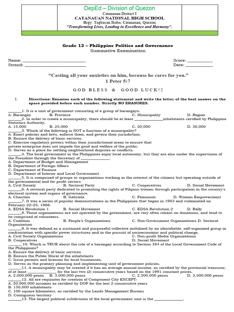 Grade 12 Philippine Politics Exam | PDF | Plot (Narrative) | Multimedia